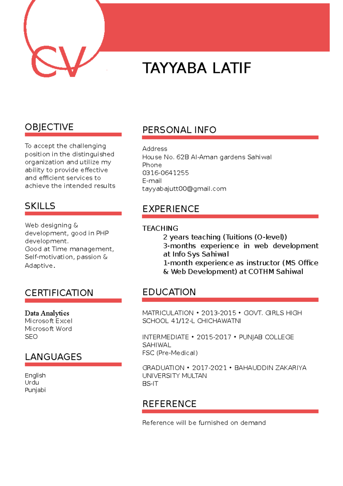 Tayyaba(CV) - Want this asg for practice - CV OBJECTIVE To accept the ...