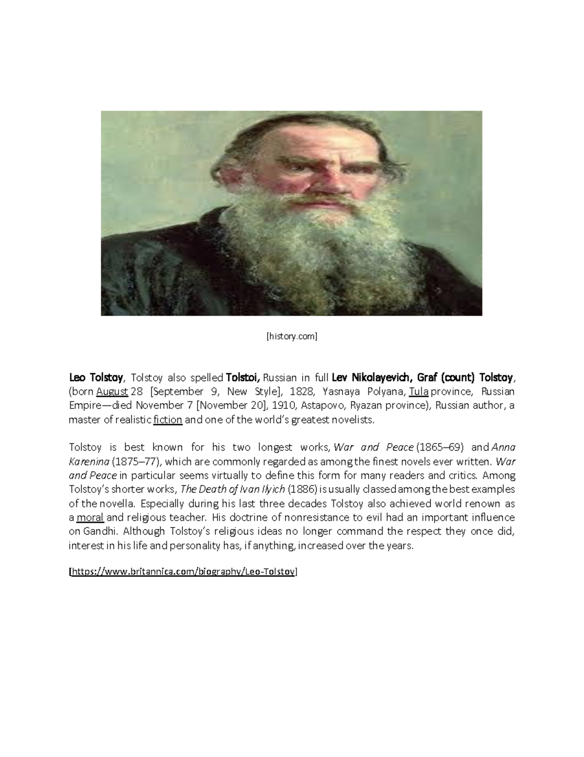 Tolstoy bio - Lecture notes 1 - [history] Leo Tolstoy, Tolstoy also ...