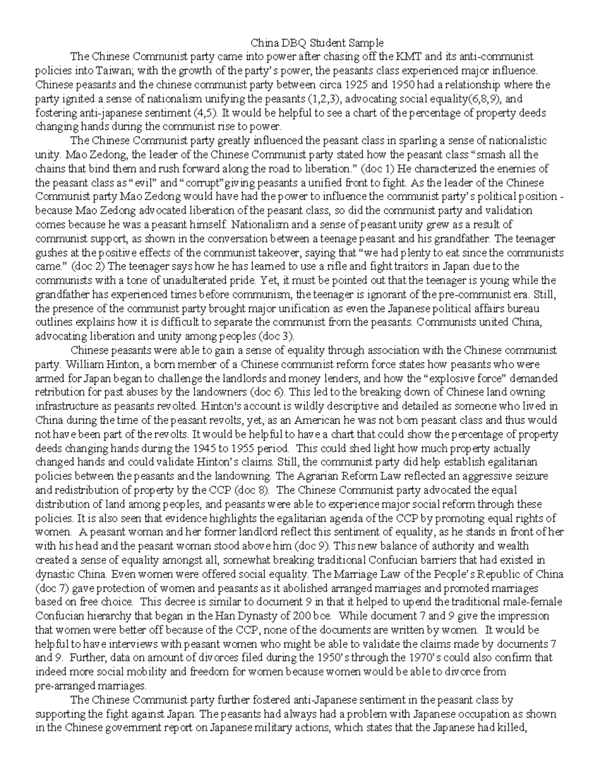 China DBQ Student Sample - Chinese peasants and the chinese communist ...