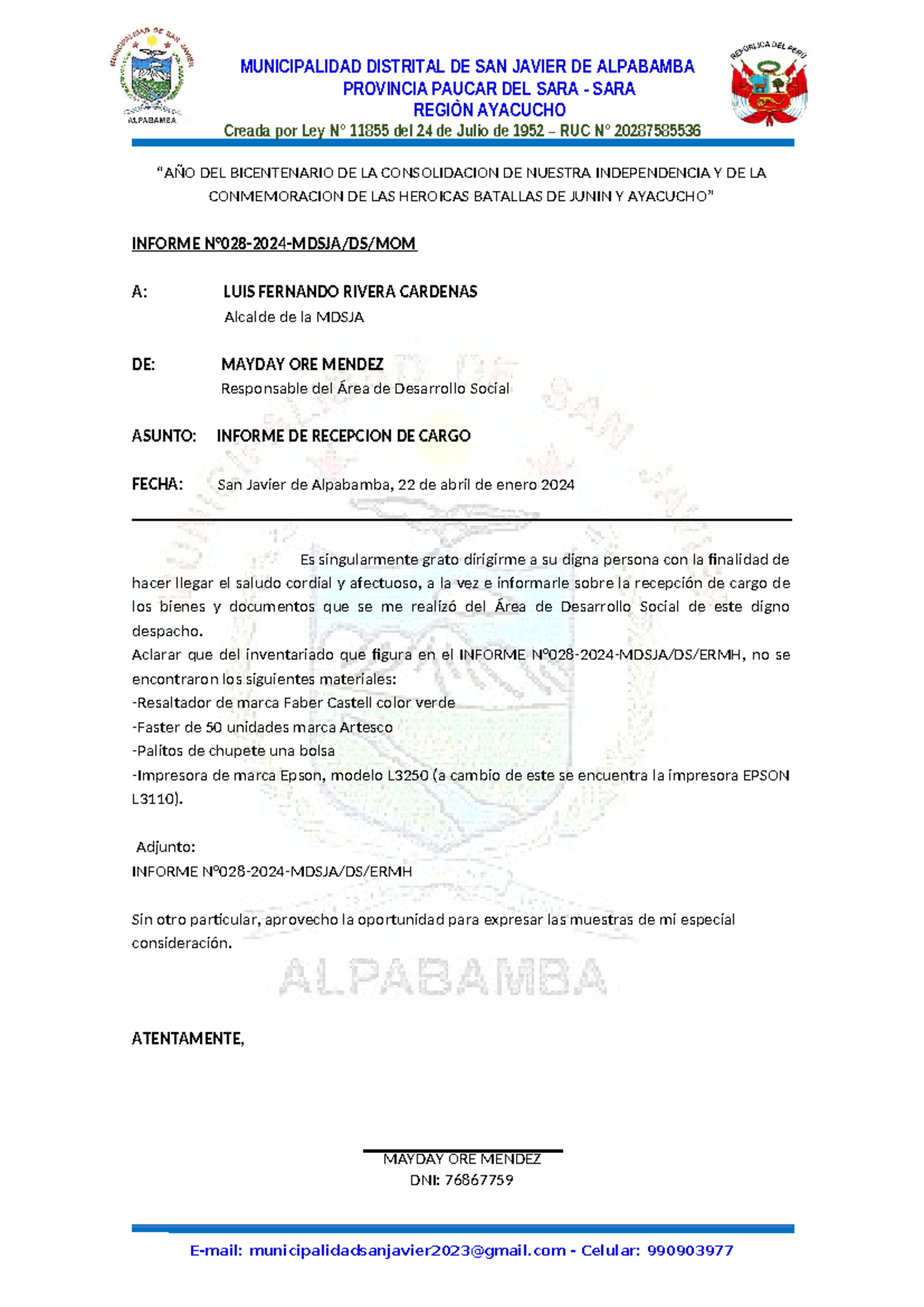Informe N°028 Informe Recepcion DE Cargo - PP MUNICIPALIDAD DISTRITAL DE SAN JAVIER DE ALPABAMBA ...