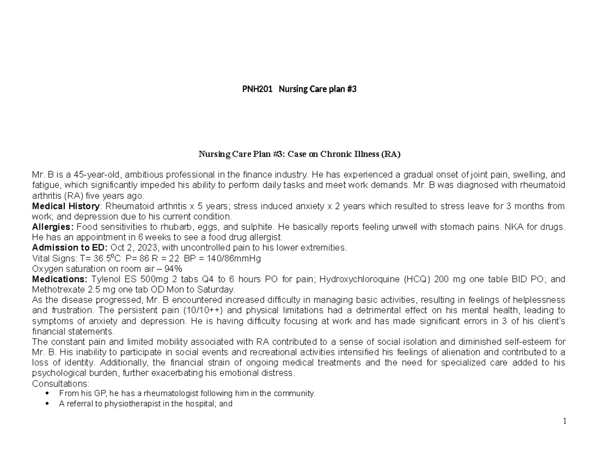 PNH201-NCP - NCP- Final - PNH201 Nursing Care plan Nursing Care Plan #3 ...