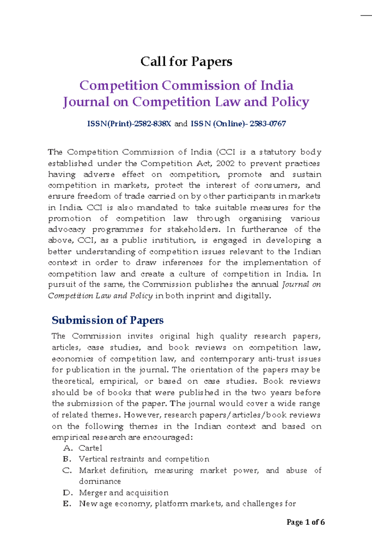 Call for Papers - Dox - Call for Papers Competition Commission of India ...