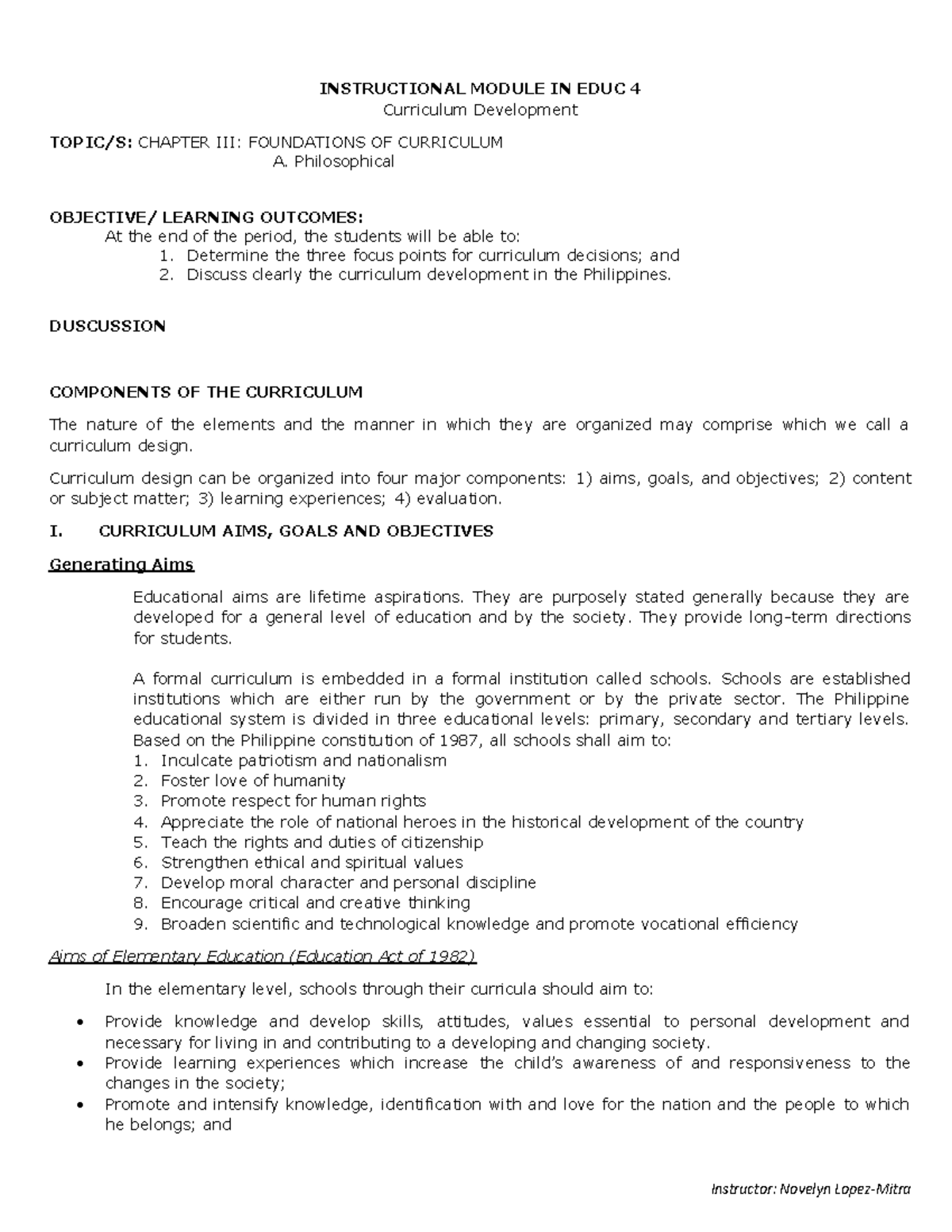 Components OF THE Curriculum - INSTRUCTIONAL MODULE IN EDUC 4 ...