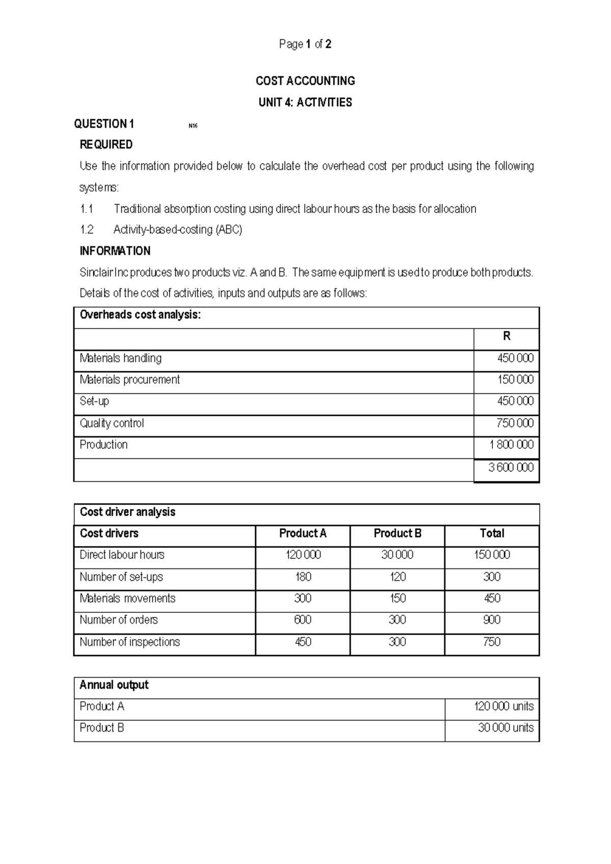COST ACC UNIT 4 Activities - Page 1 of 2 COST ACCOUNTING UNIT 4: ACTIVITIES QUESTION 1 N ...
