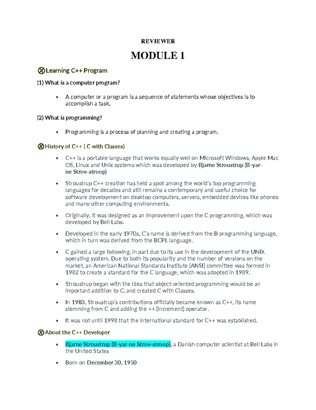 Module 1 - review - REVIEWER MODULE 1 📀Learning C++ Program (1) What is a computer program? • A ...