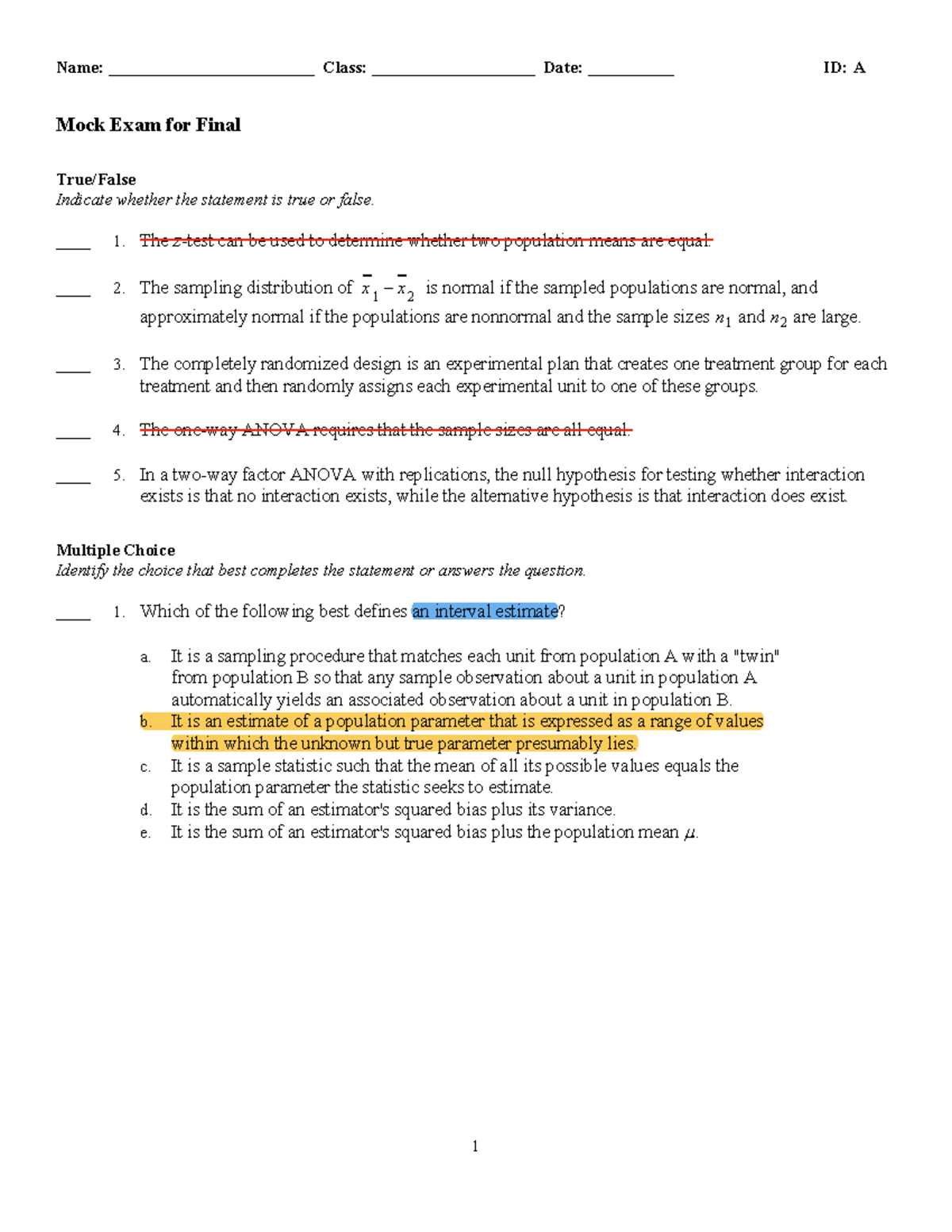 Mock Exam for Final - 1234 - Name: ________________________ Class: ___________________ Date ...