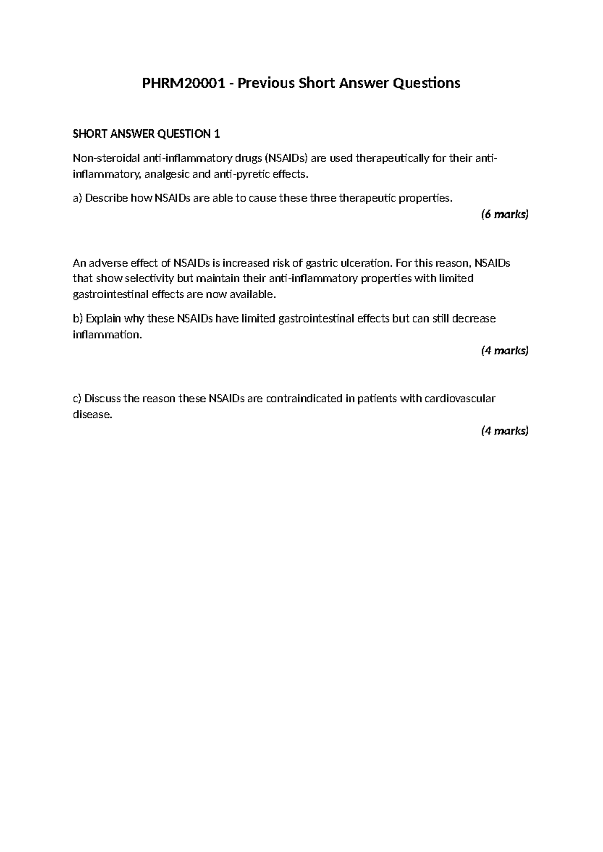 PHRM2000 1 - Example MST questions - PHRM20001 - Previous Short Answer ...
