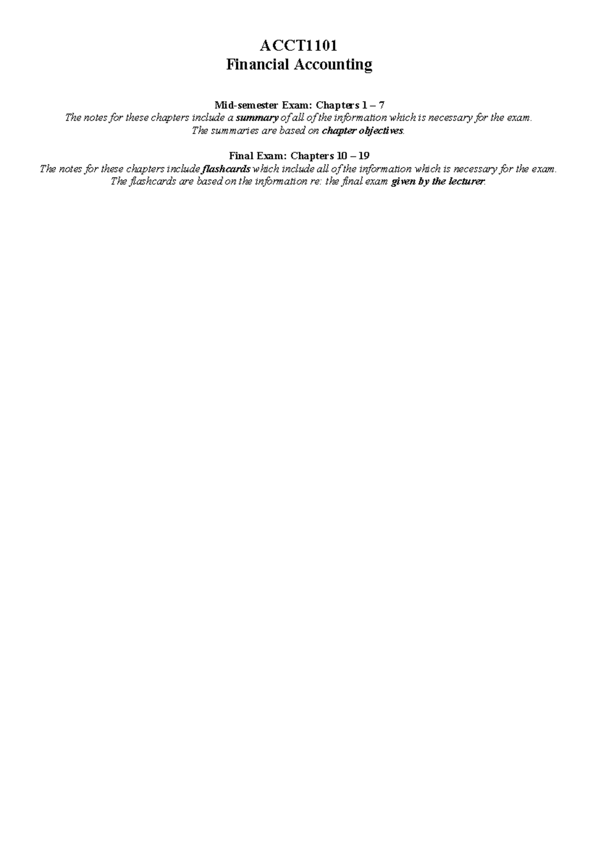 Full Notes ACCT1101 - ACCT1101 Financial Accounting Exam: Chapters 1 7 ...