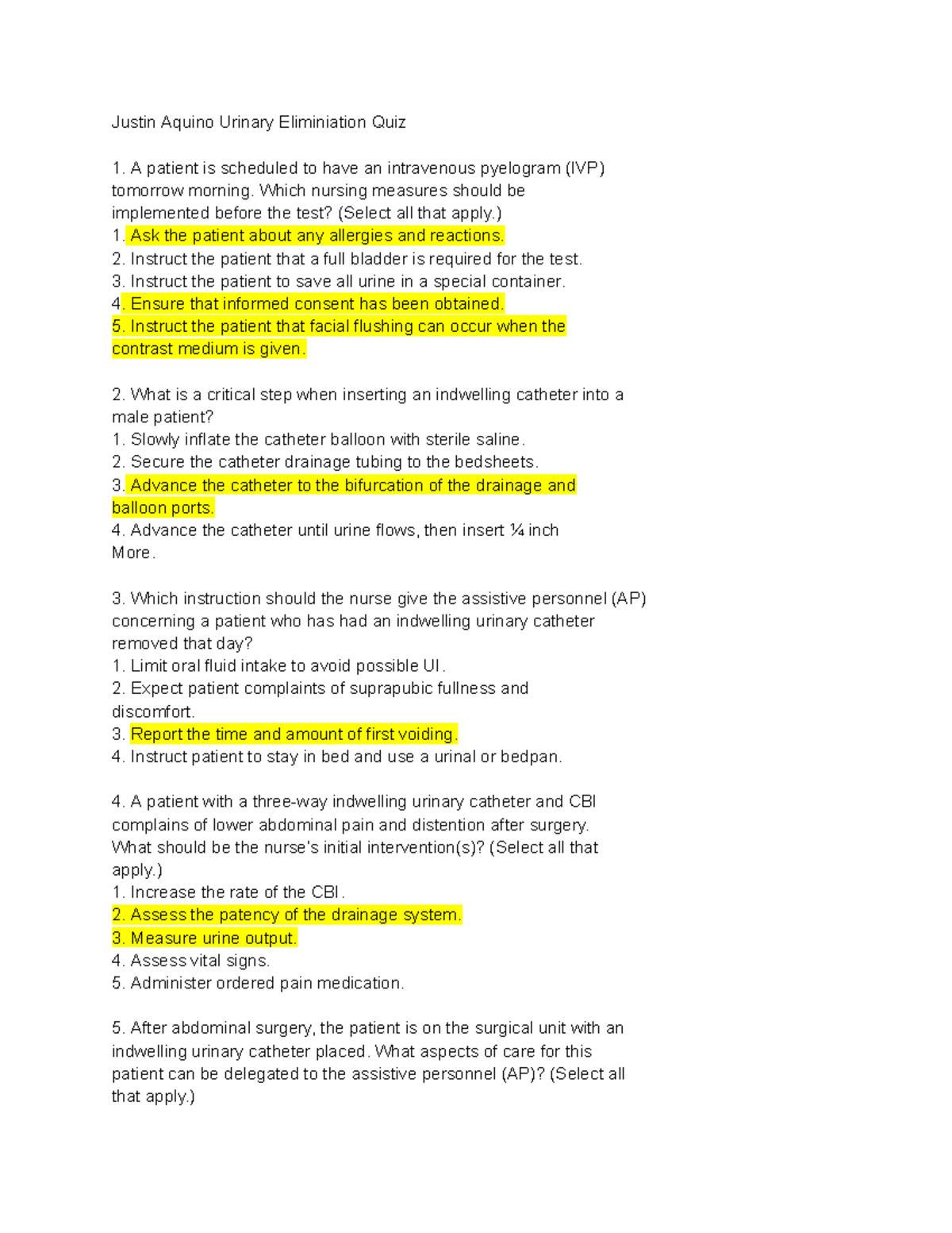 Urinary Elimination Quiz - Which nursing measures should be implemented ...