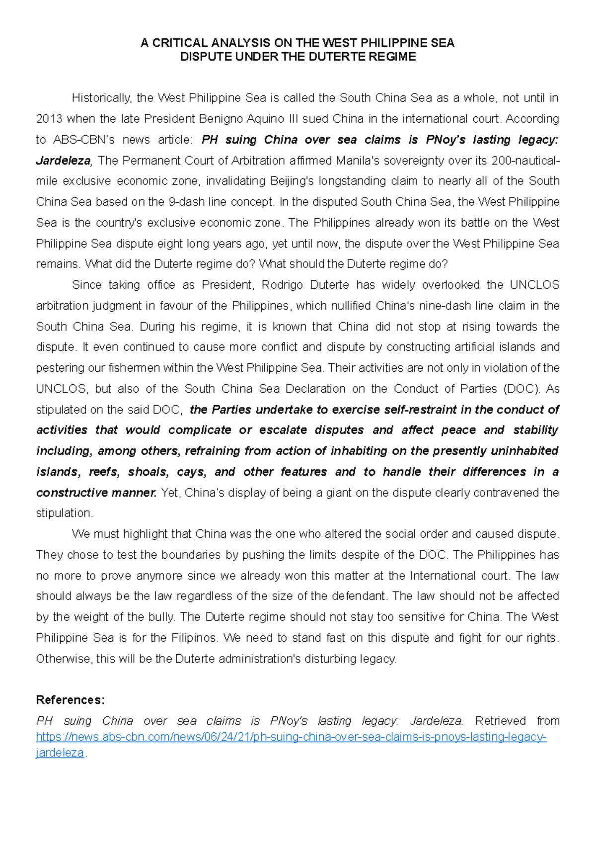 A Critical Analysis ON THE WEST Philippine SEA - A CRITICAL ANALYSIS ON ...