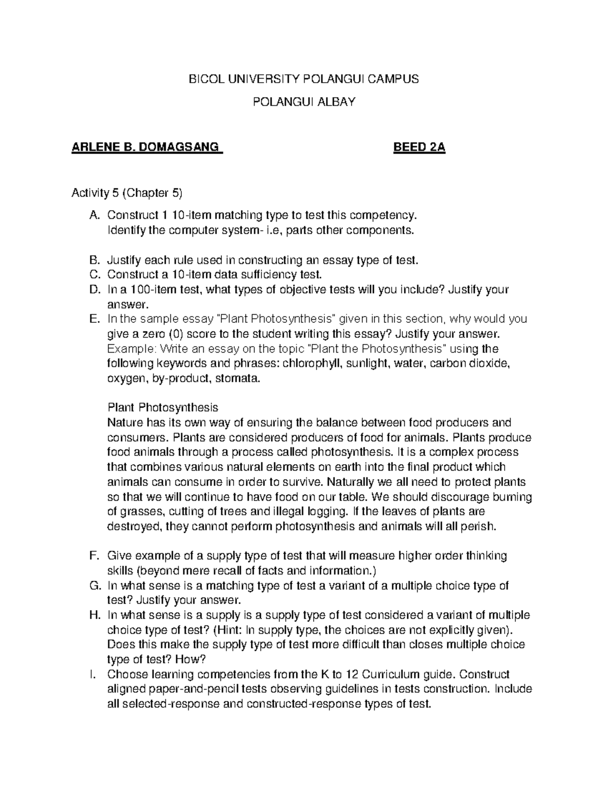 Activity 5 Assessment of Learning - BICOL UNIVERSITY POLANGUI CAMPUS ...