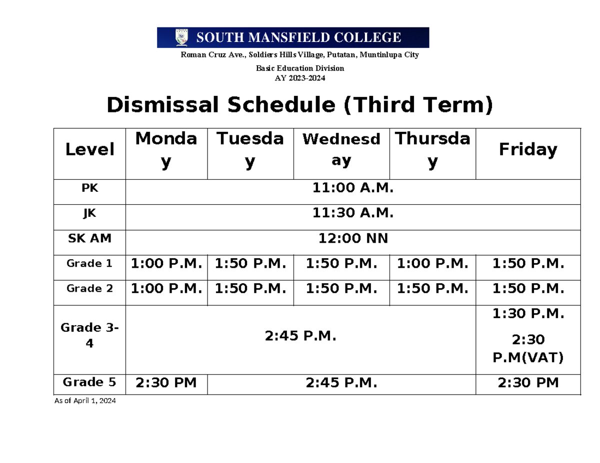 Dismissal, Recess and Lunch Schedule AY 23-24 - Basic Education ...