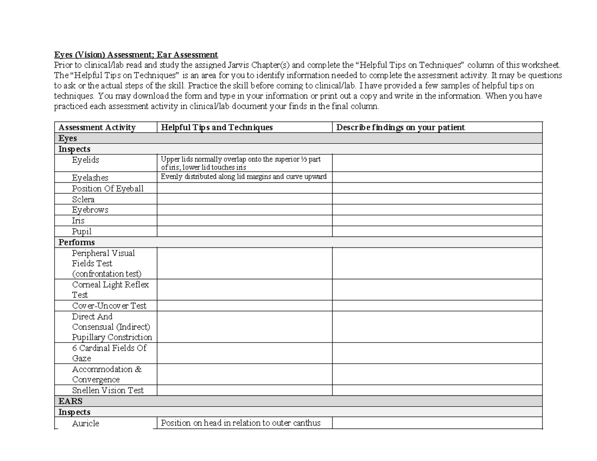 Eyes Ears Lab Worksheets - Eyes (Vision) Assessment; Ear Assessment ...