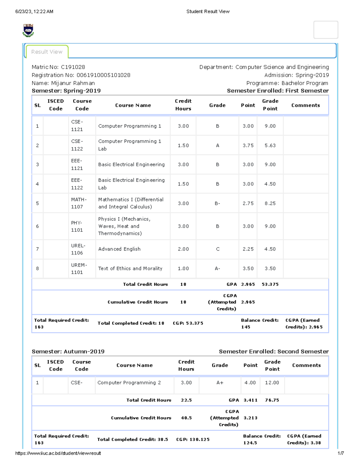 Student Result View - Matric No: C191028 Department: Computer Science ...