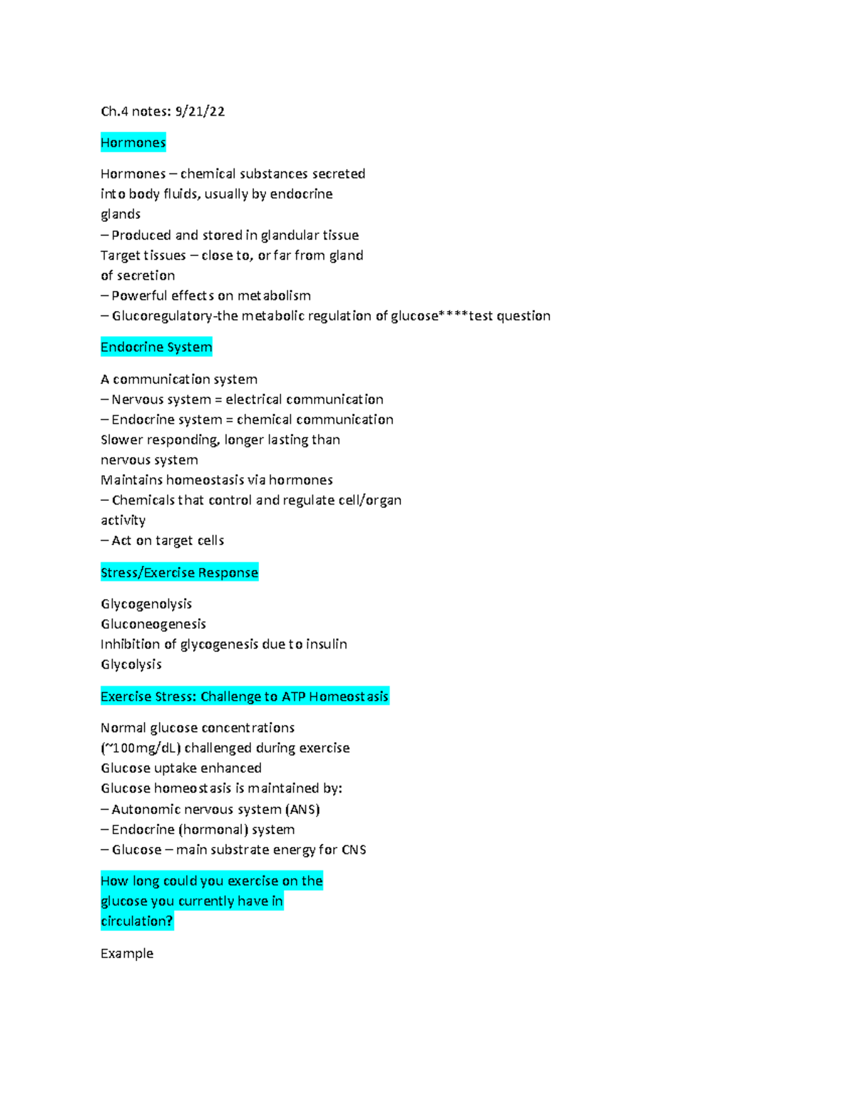 ESS 3317- notes - Ch notes: 9/21/ Hormones Hormones – chemical ...