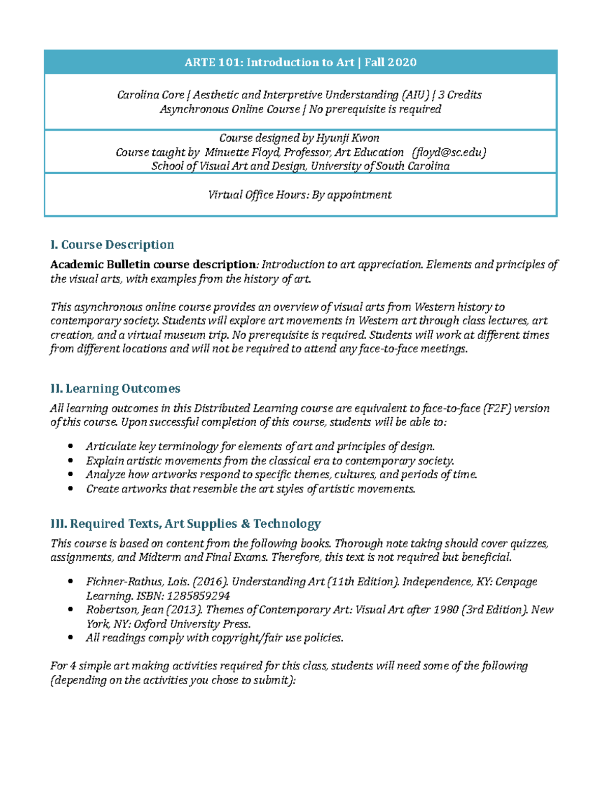 ARTE 101 Spring 2021 syllabus 1 - ARTE 101: Introduction to Art | Fall ...