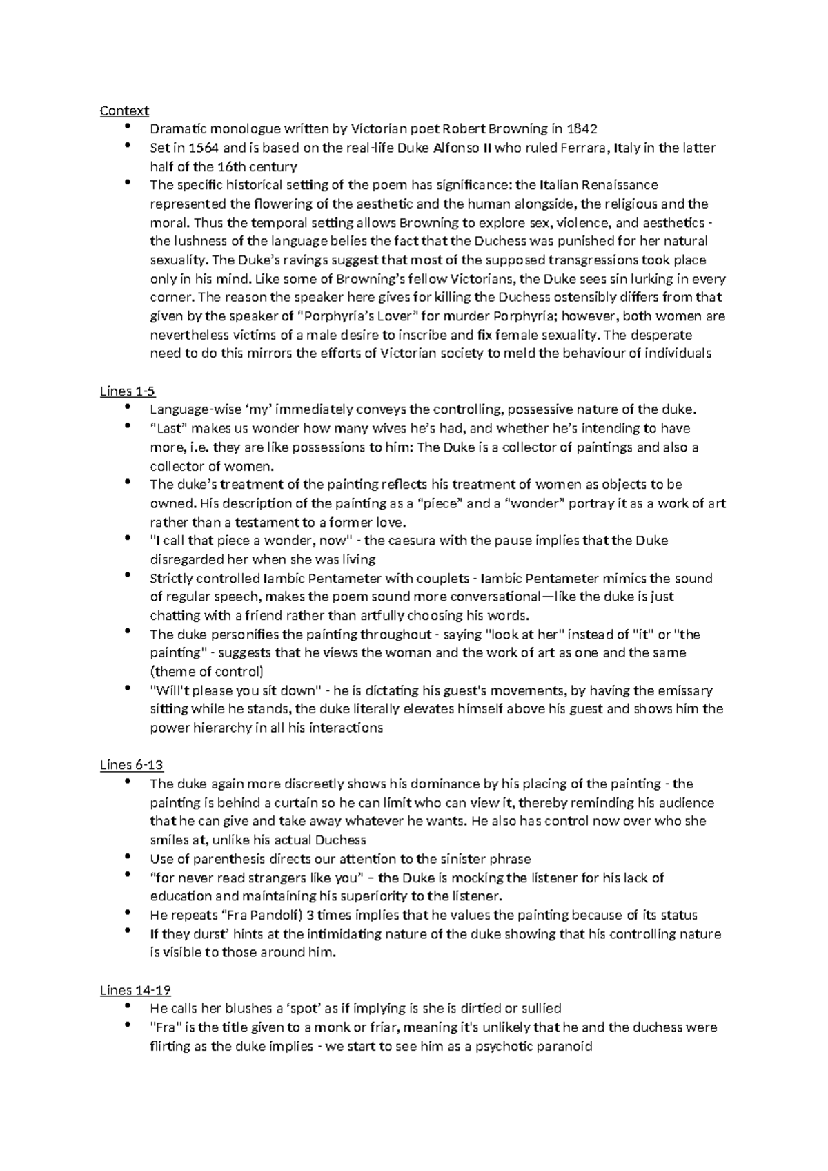 My Last Duchess Notes - Context Dramatic monologue written by Victorian ...