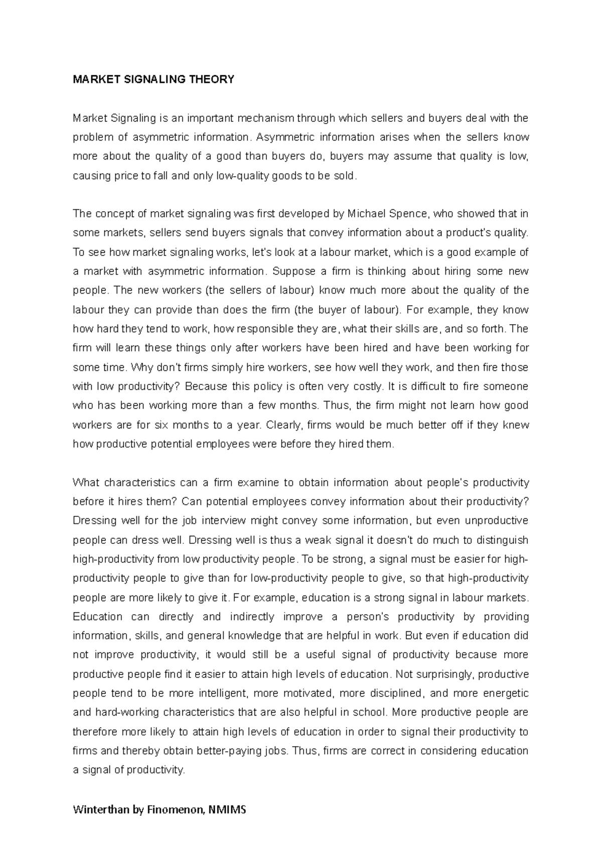 Market Signaling - Grade: A+ - MARKET SIGNALING THEORY Market Signaling ...