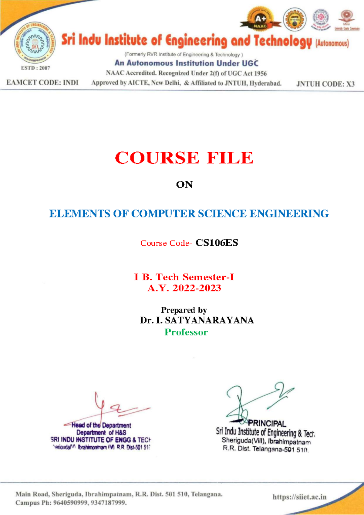 Elememts OF Computer Science Engineering 1 - COURSE FILE ON ELEMENTS OF COMPUTER SCIENCE ...