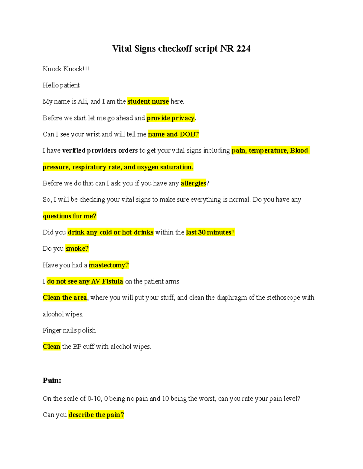 Vital Signs checkoff script NR 224 - Before we start let me go ahead ...