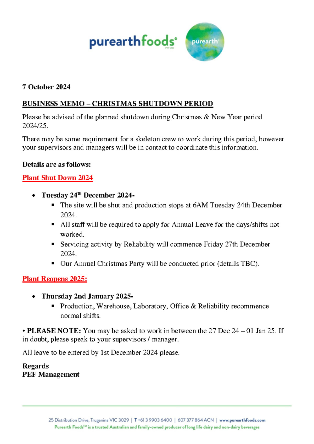 Christmas Shut Down24 - thank yiu - 7 October 2024 BUSINESS MEMO ...