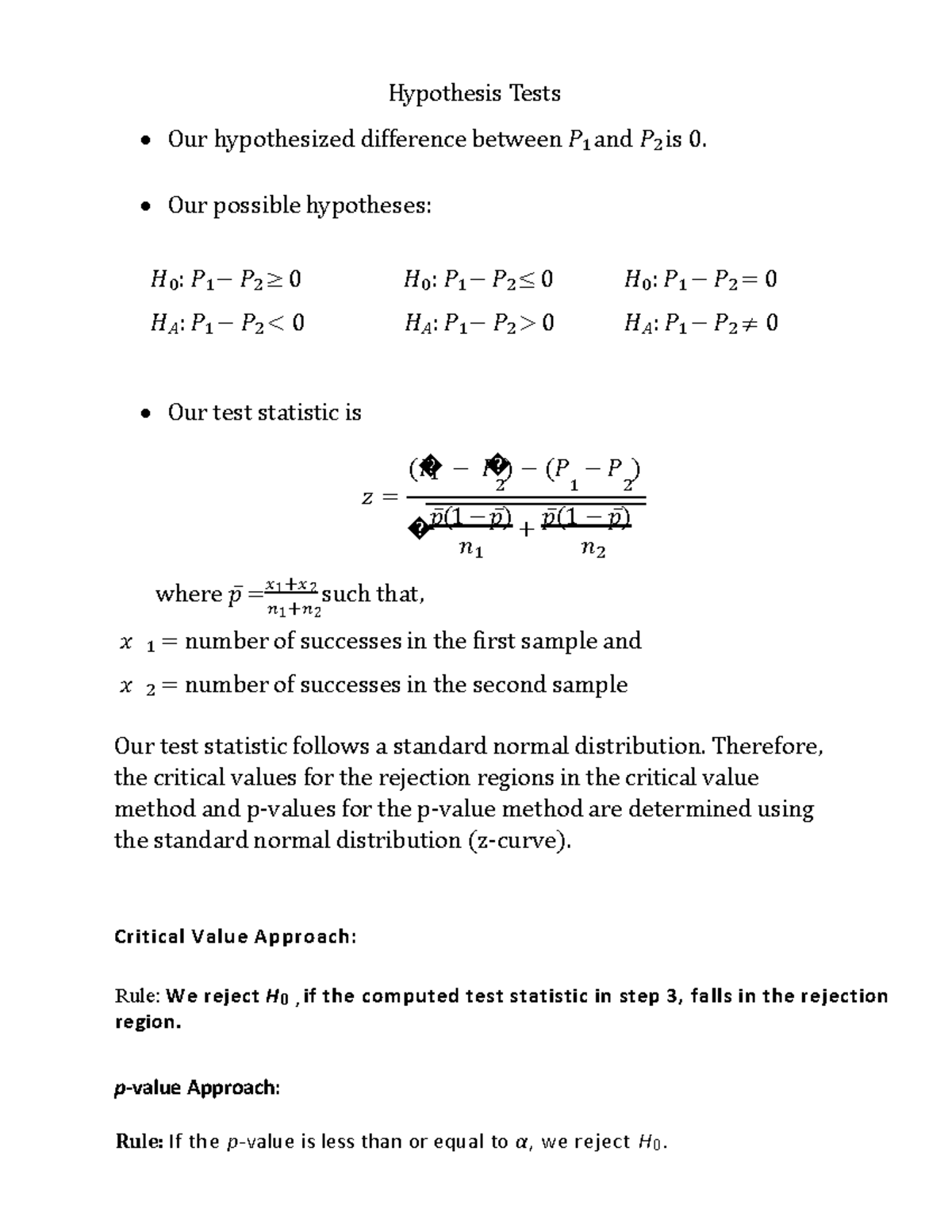 Section 11 - Hypothesis Tests Our hypothesized difference between 𝑃 1 ...