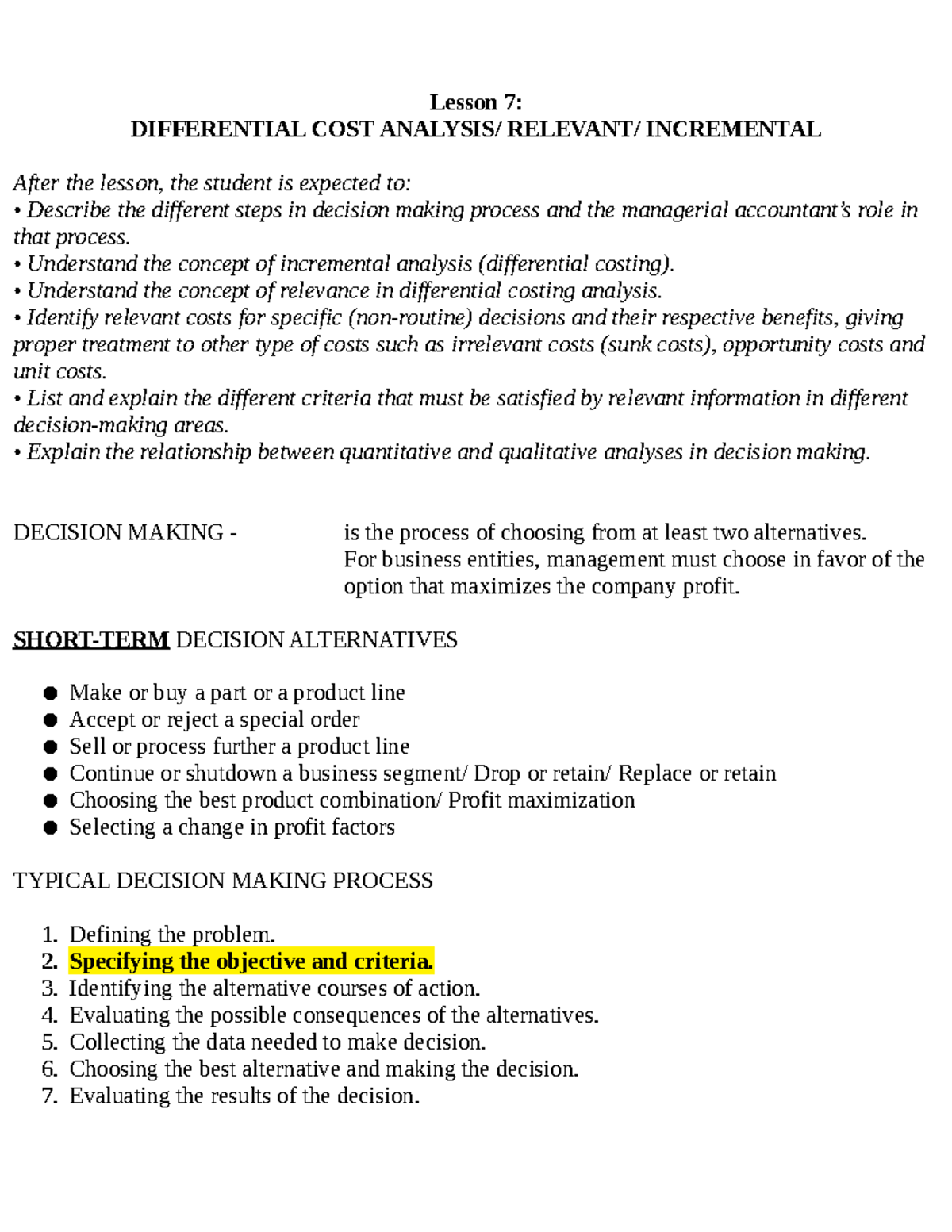 Differential-cost-analysis - Lesson 7: DIFFERENTIAL COST ANALYSIS/ RELEVANT/ INCREMENTAL After ...