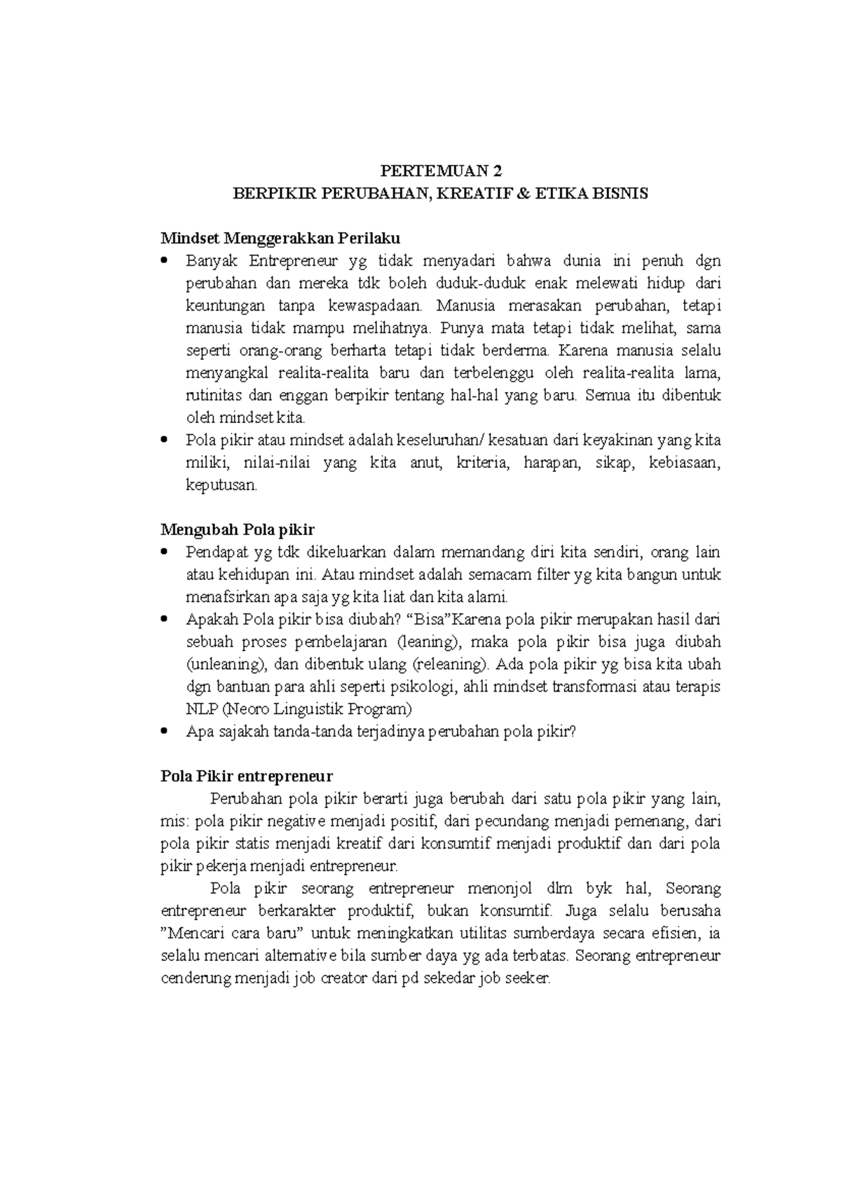 Modul Entrepreneurship Pertemuan 2 Berpikir Perubahan, Kreatif dan ...