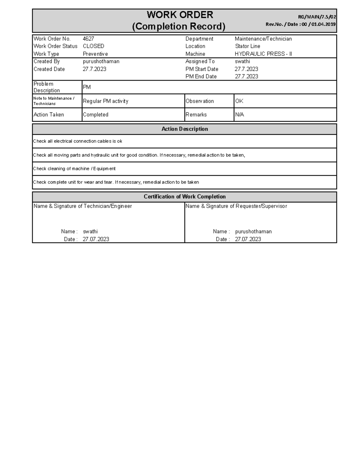 WORK Order - wqxqw - RG/MAIN/7/ Rev. / Date : 00 / 01. Work Order No ...