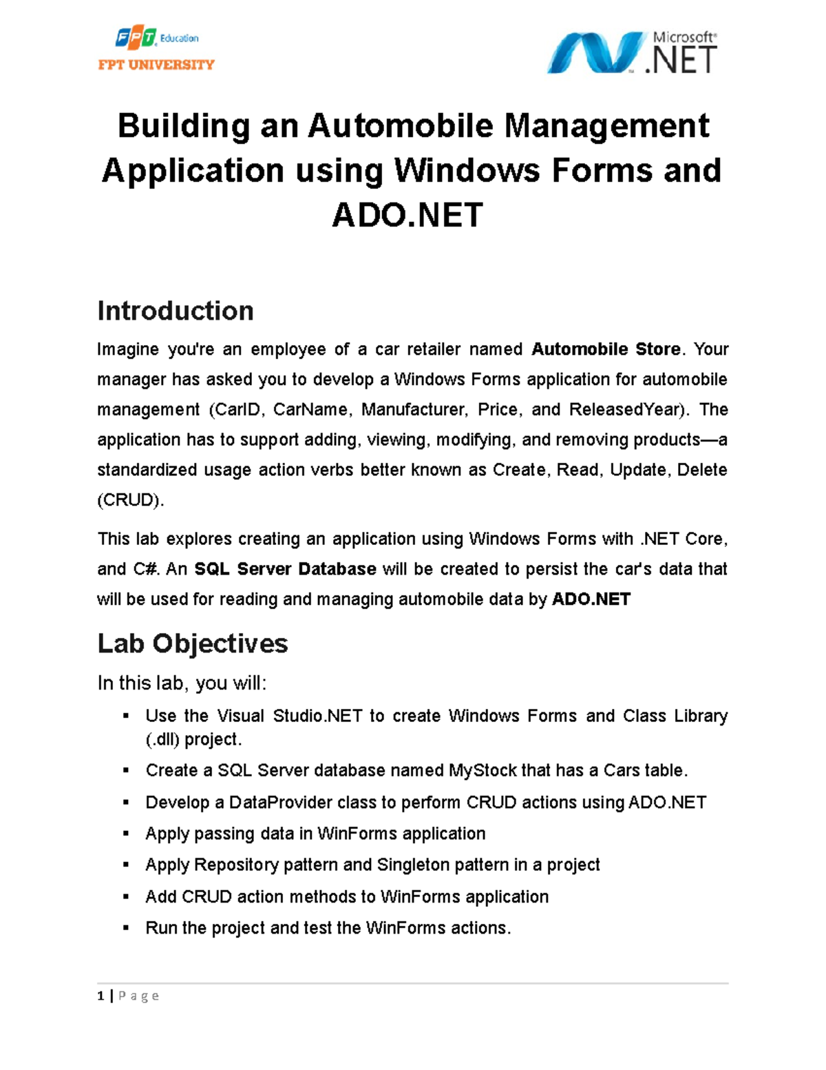 Lab 02 Automobile Management Using ADO.NET and Winf Forms - Building an ...