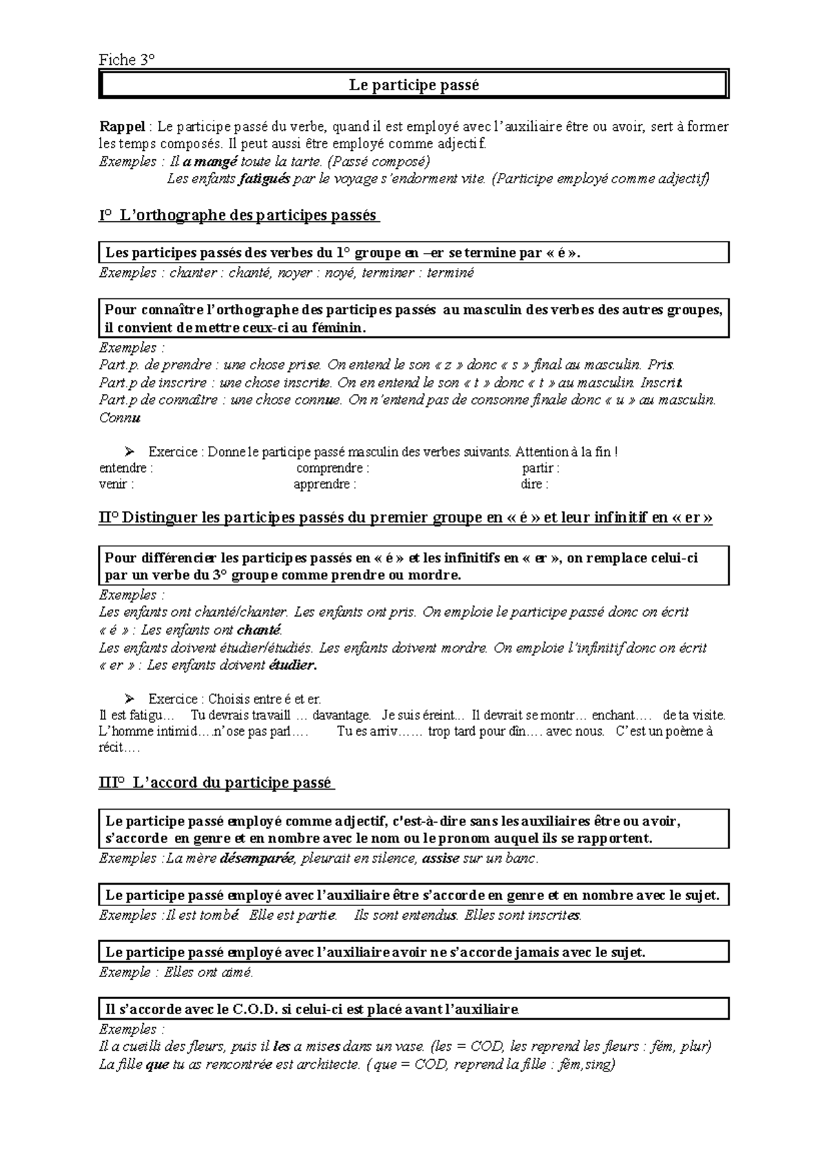 GR - Conj - Le participe passe - Fiche 3° Le participe passé Rappel ...