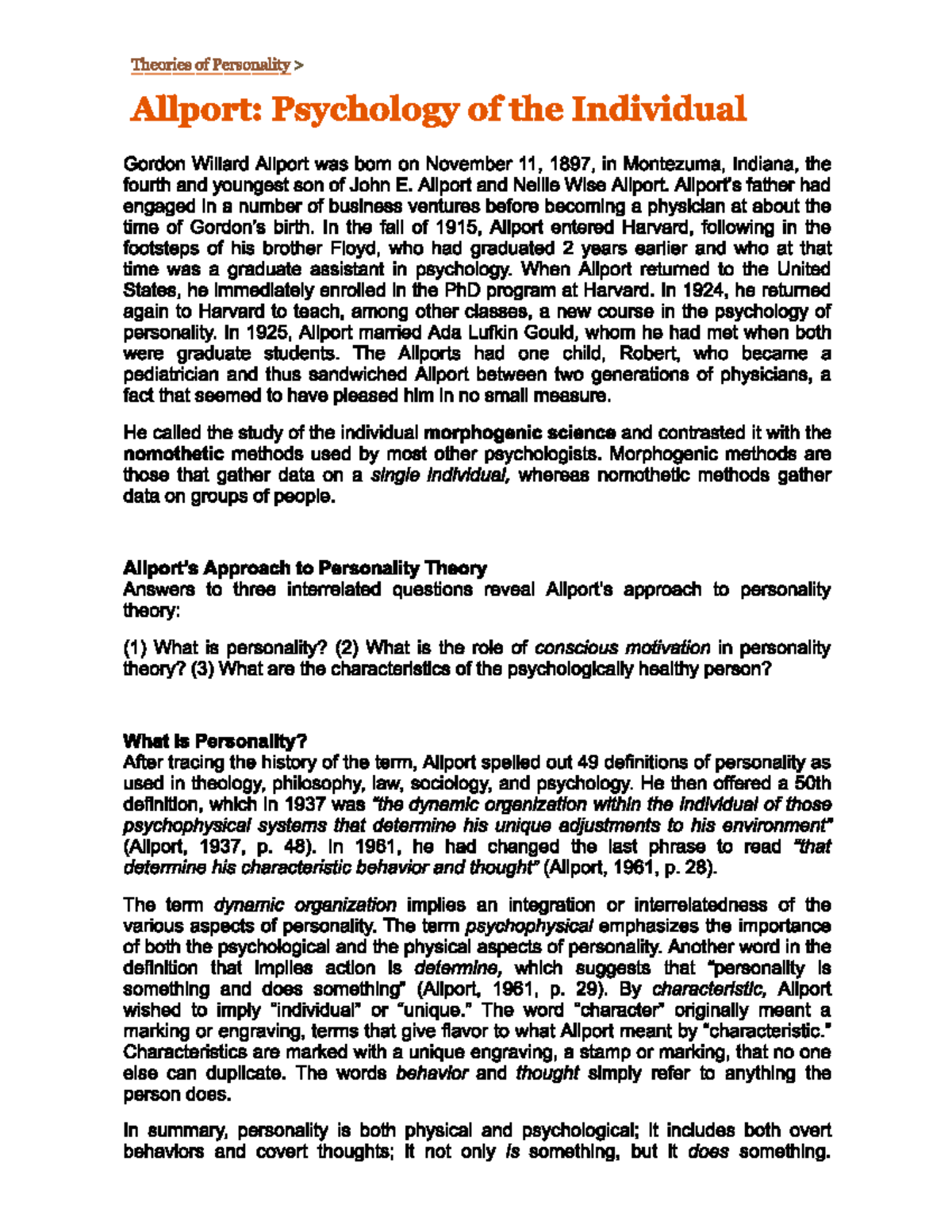 Psychology of the Individual - Theories of Personality - OLFU - Studocu