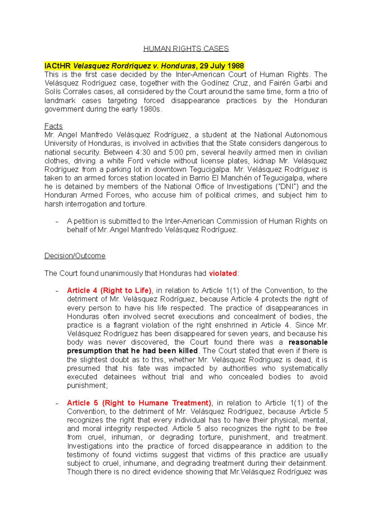 Human Rights Cases - HUMAN RIGHTS CASES IACtHR Velasquez Rordriquez v ...