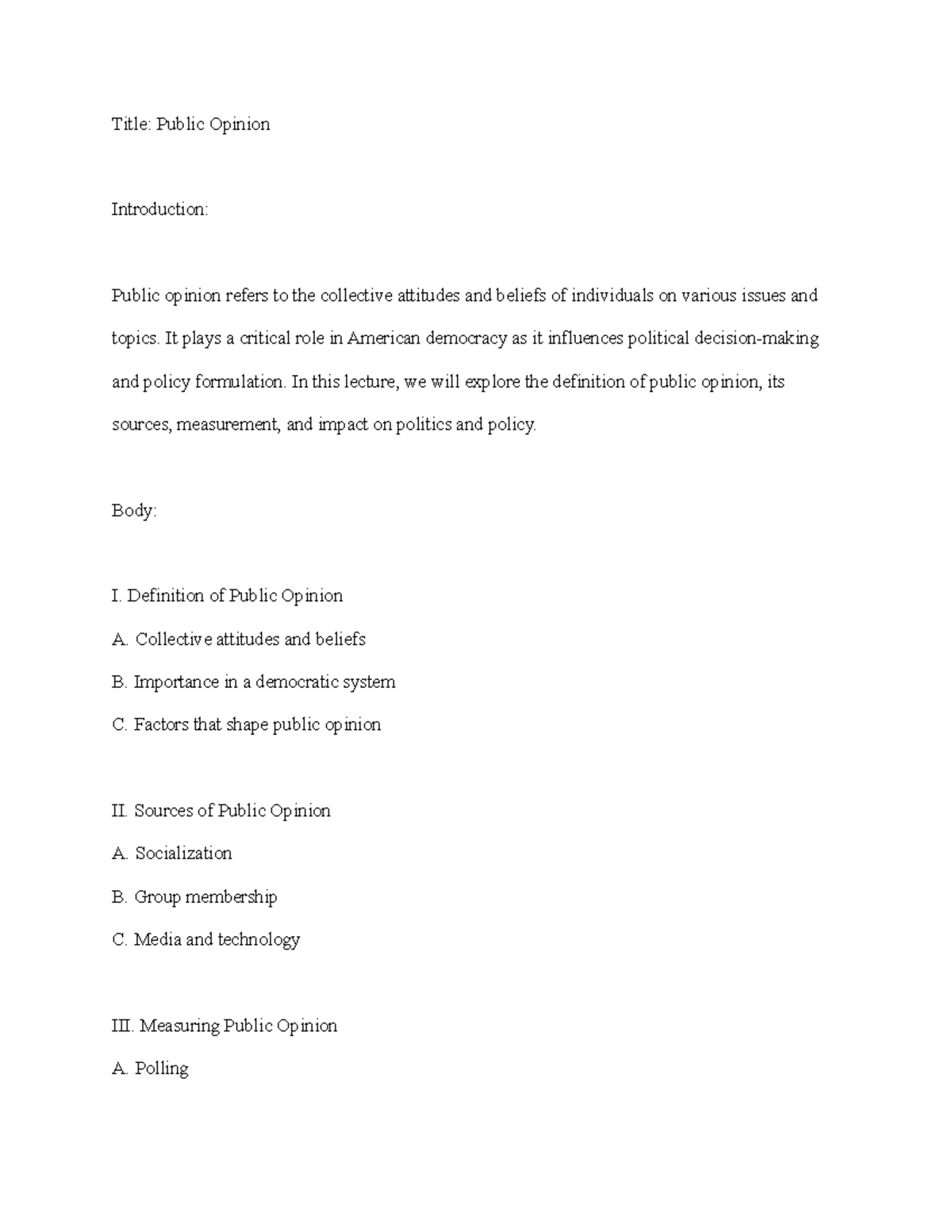Lecture Notes on Public Opinion - Title: Public Opinion Introduction ...
