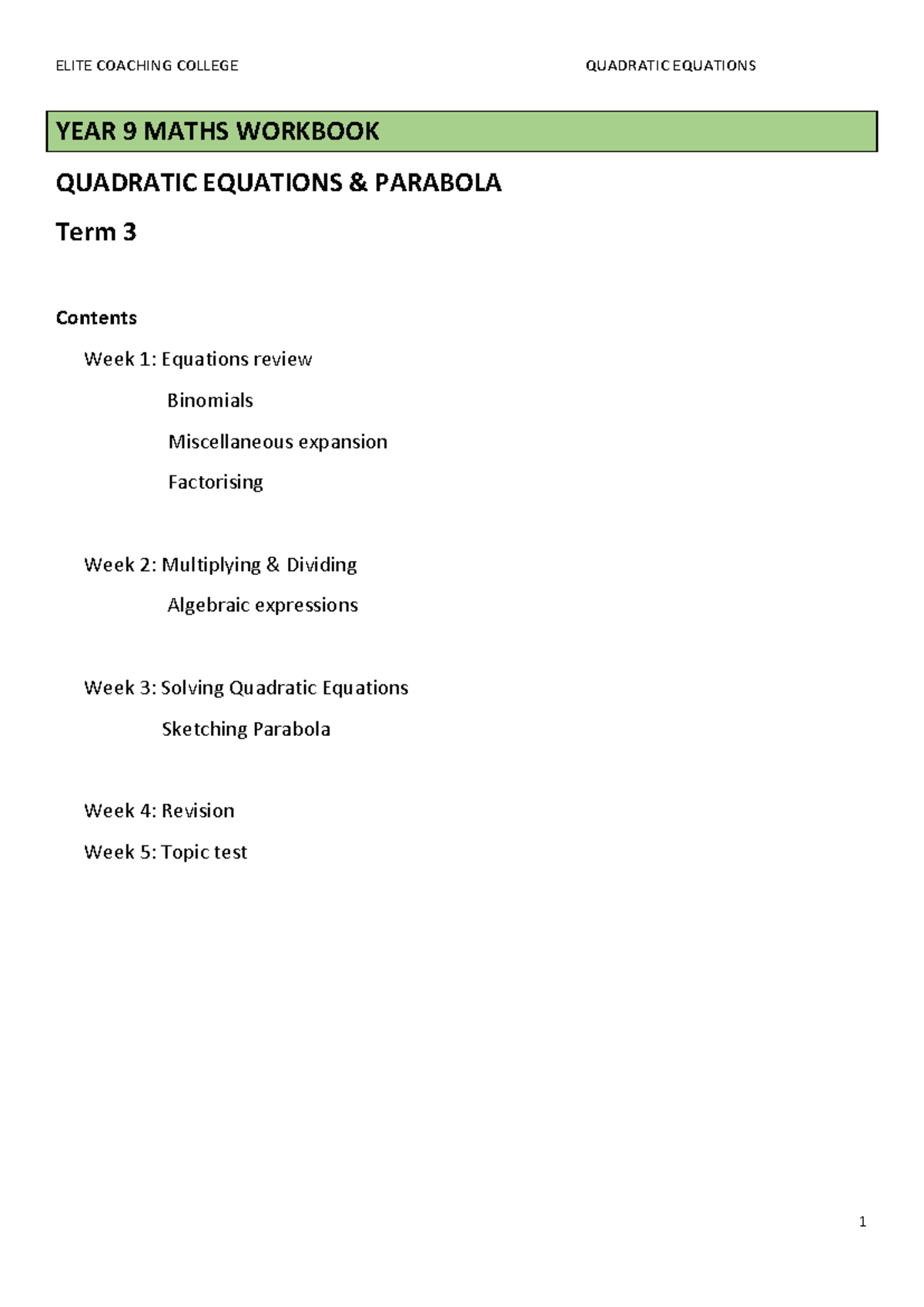 Y9 Quadratic Parabola workbook - YEAR 9 MATHS WORKBOOK QUADRATIC ...