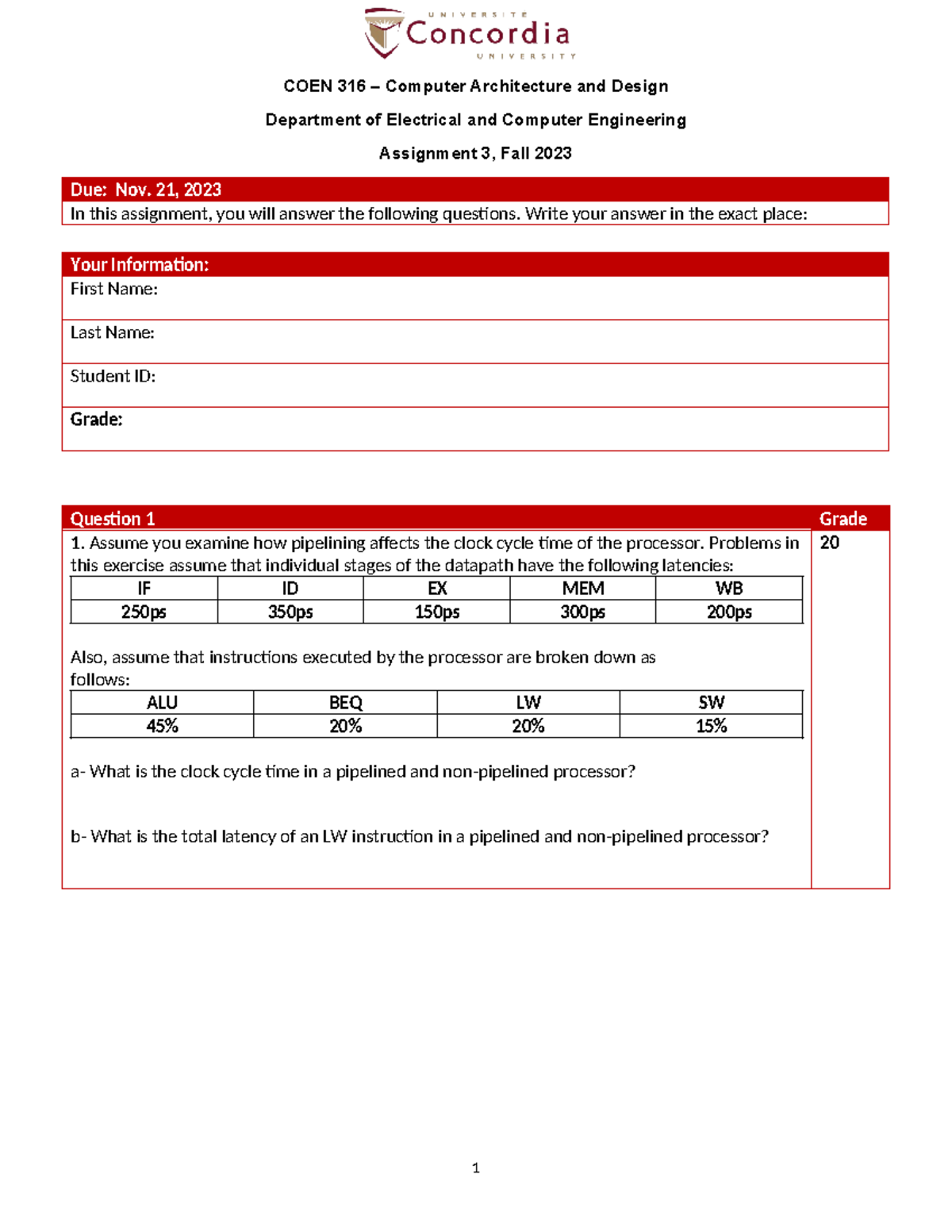 Assignment 3 Coen 316 Computer Architecture And Design Department Of Electrical And Computer