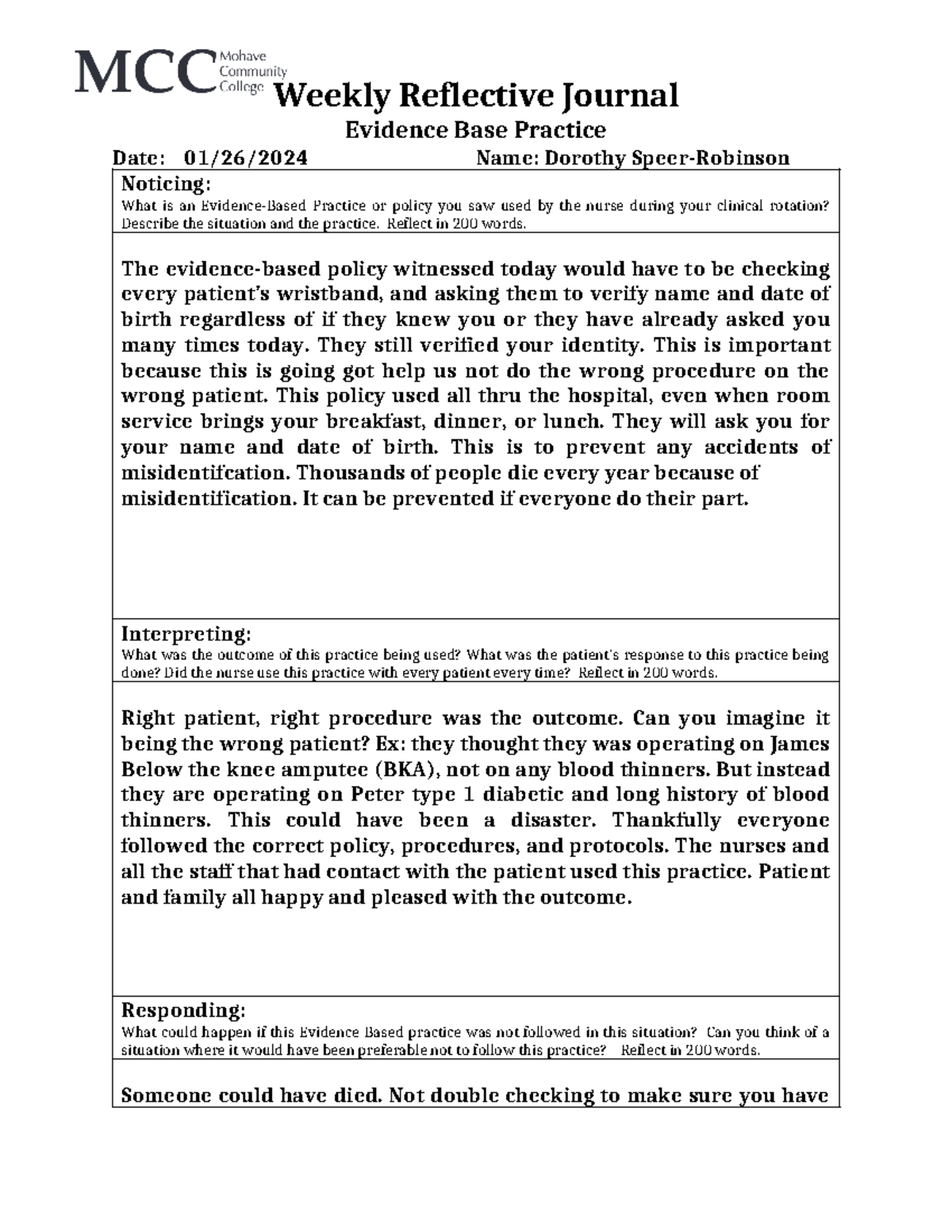 Journal IV Evidence Based Practice (1) - Weekly Reflective Journal ...