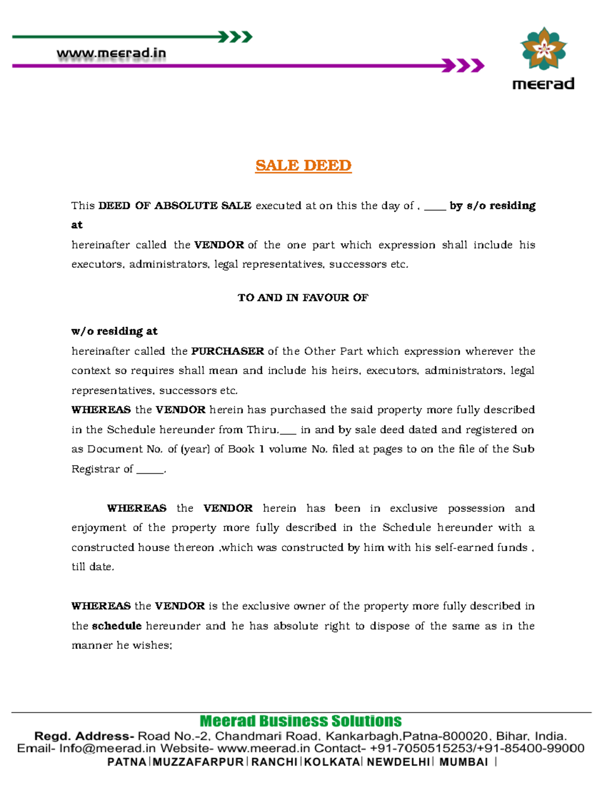 Sale Deed - Summary of slae deed - SALE DEED This DEED OF ABSOLUTE SALE ...