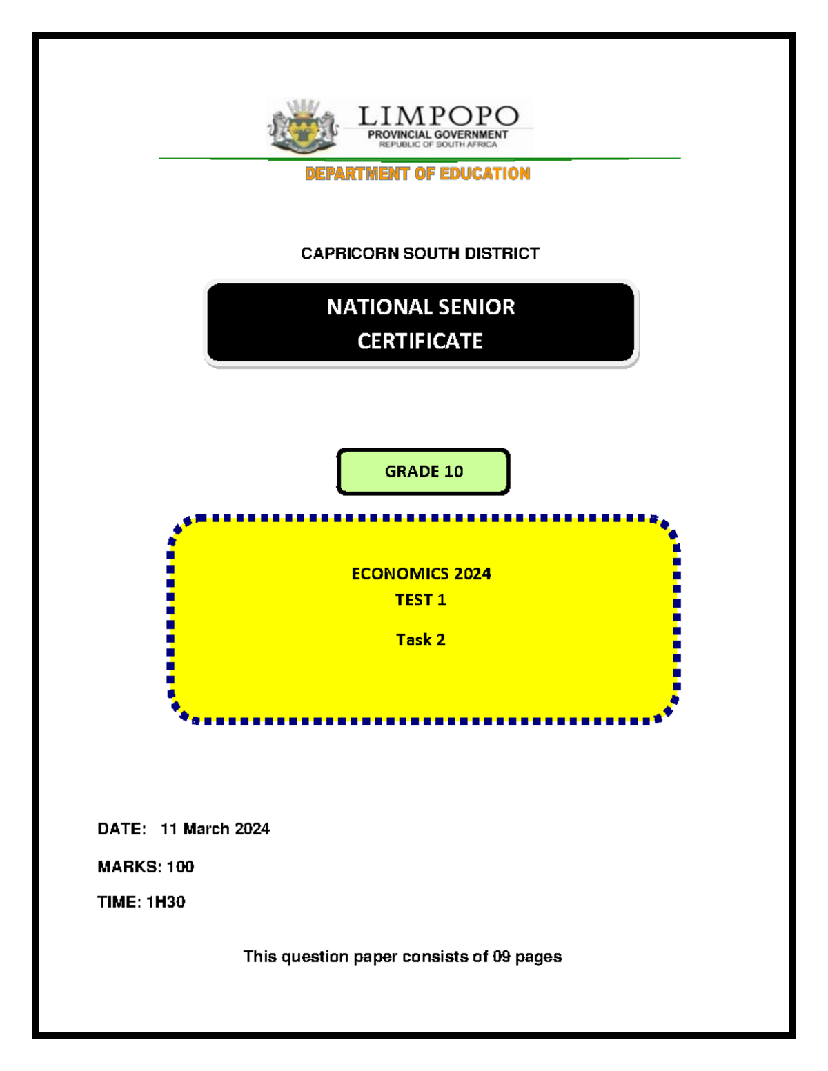 Econ Gr 10 test task 2 2024 Question paper - NATIONAL SENIOR ...