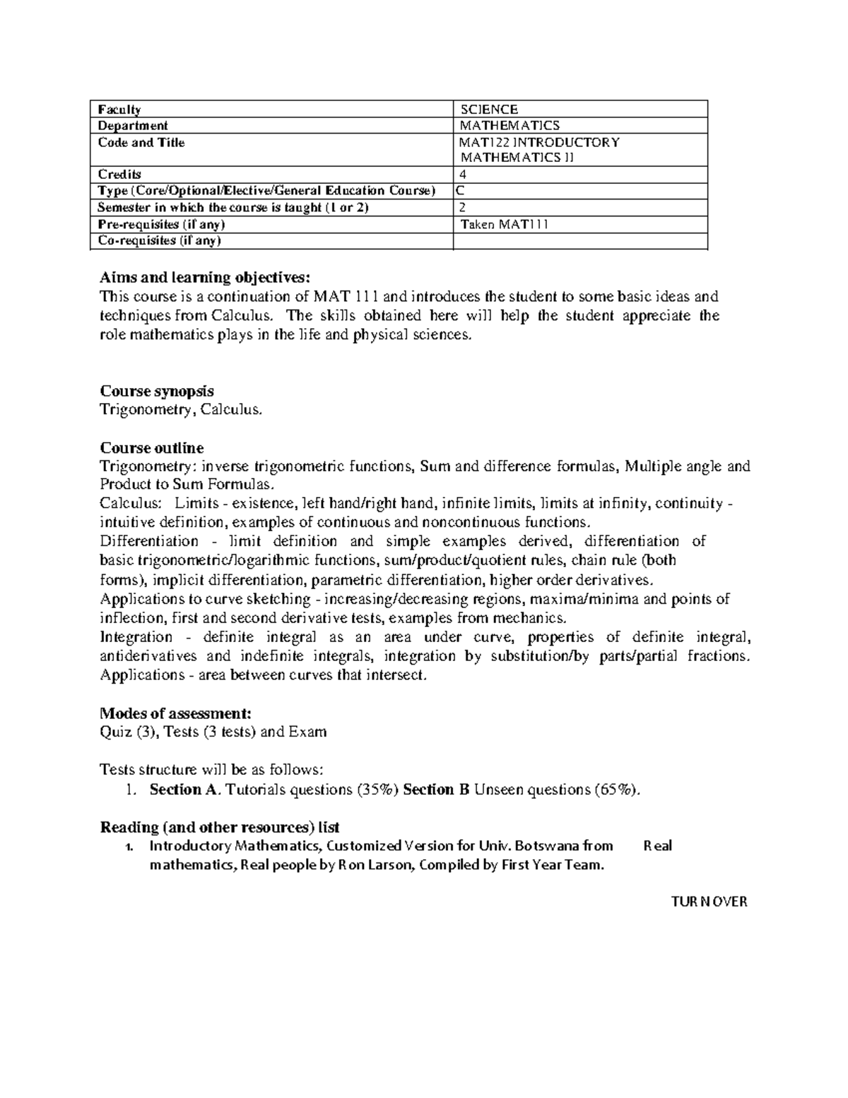 MAT 122 Course Outline - notes , drives and everything required ...