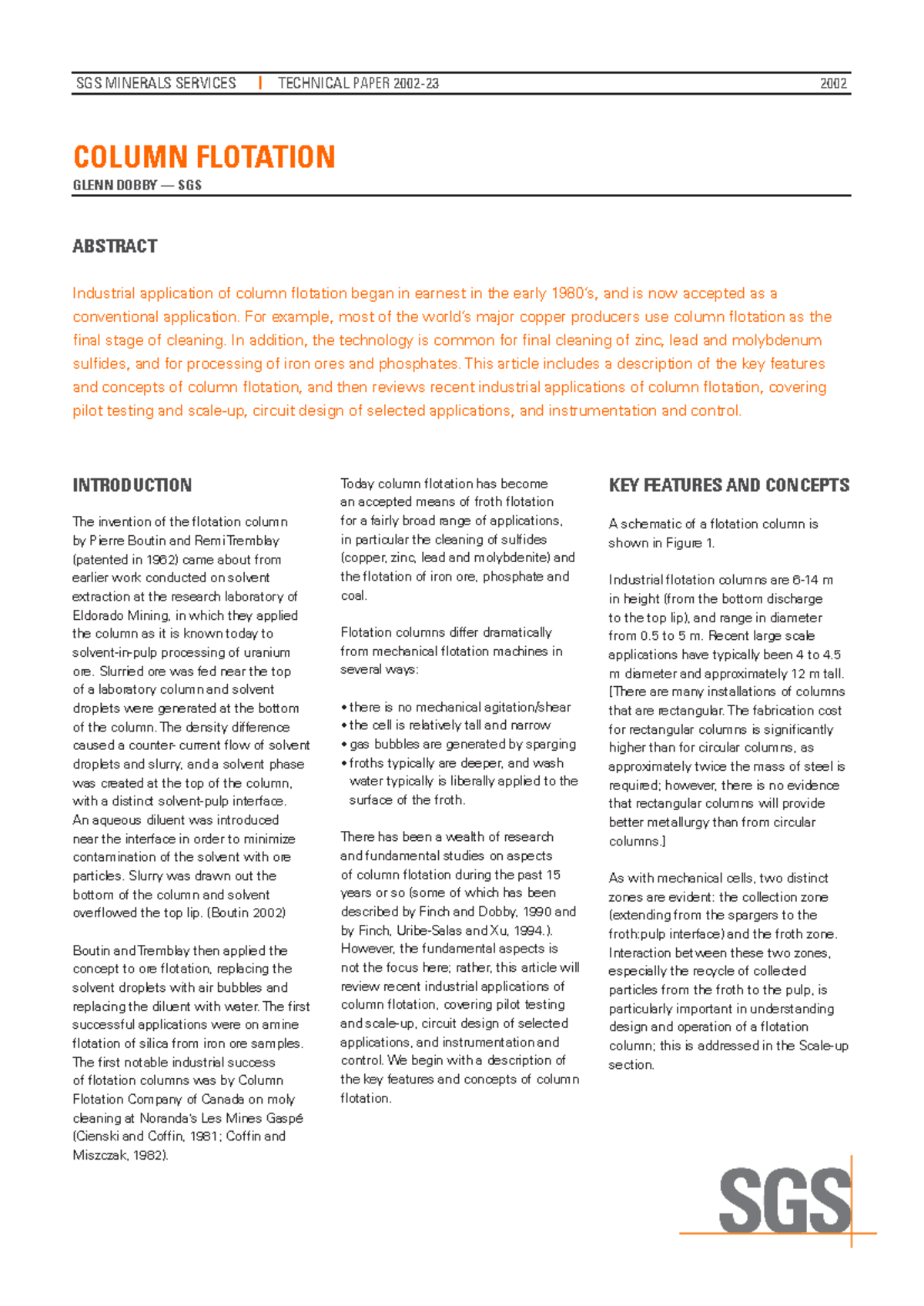 Sgs Min Tp2002 23 Column Flotation For Plant Design 2002 Column Flotation Abstract Industrial