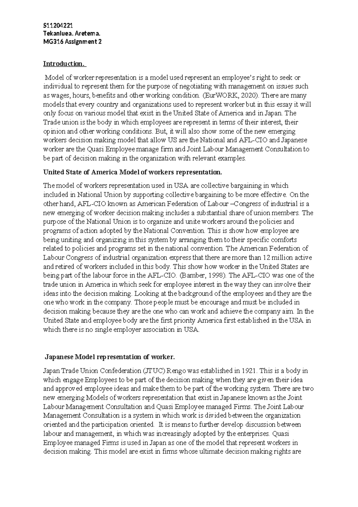 Final MG316 A2 - assignment 2 ESSAY - S Tekaniuea. Aretema. MG316 Assignment 2 Introduction ...