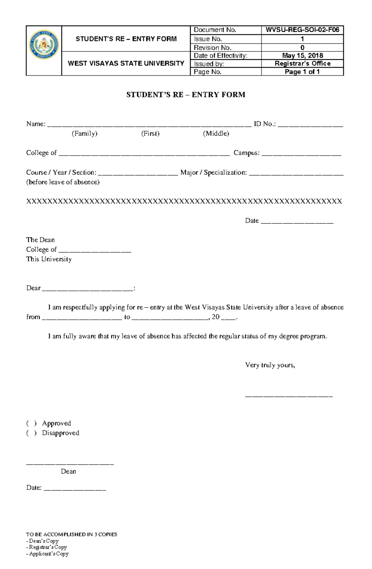 WVSU-REG-SOI-02-F06 Re-entry Form - STUDENT’S RE – ENTRY FORM Document ...