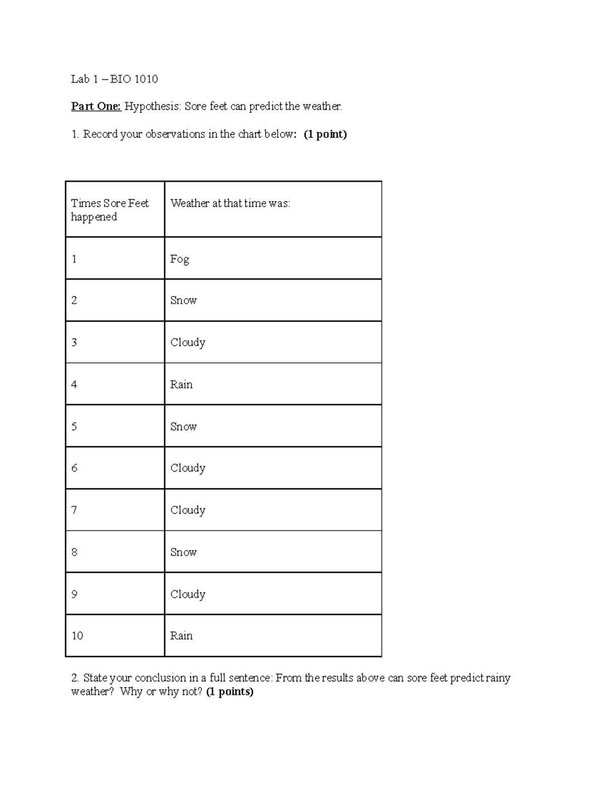 BIO 1010 Lab 1 - Completed and finished Lab 1 - Lab 1 – BIO 1010 Part ...