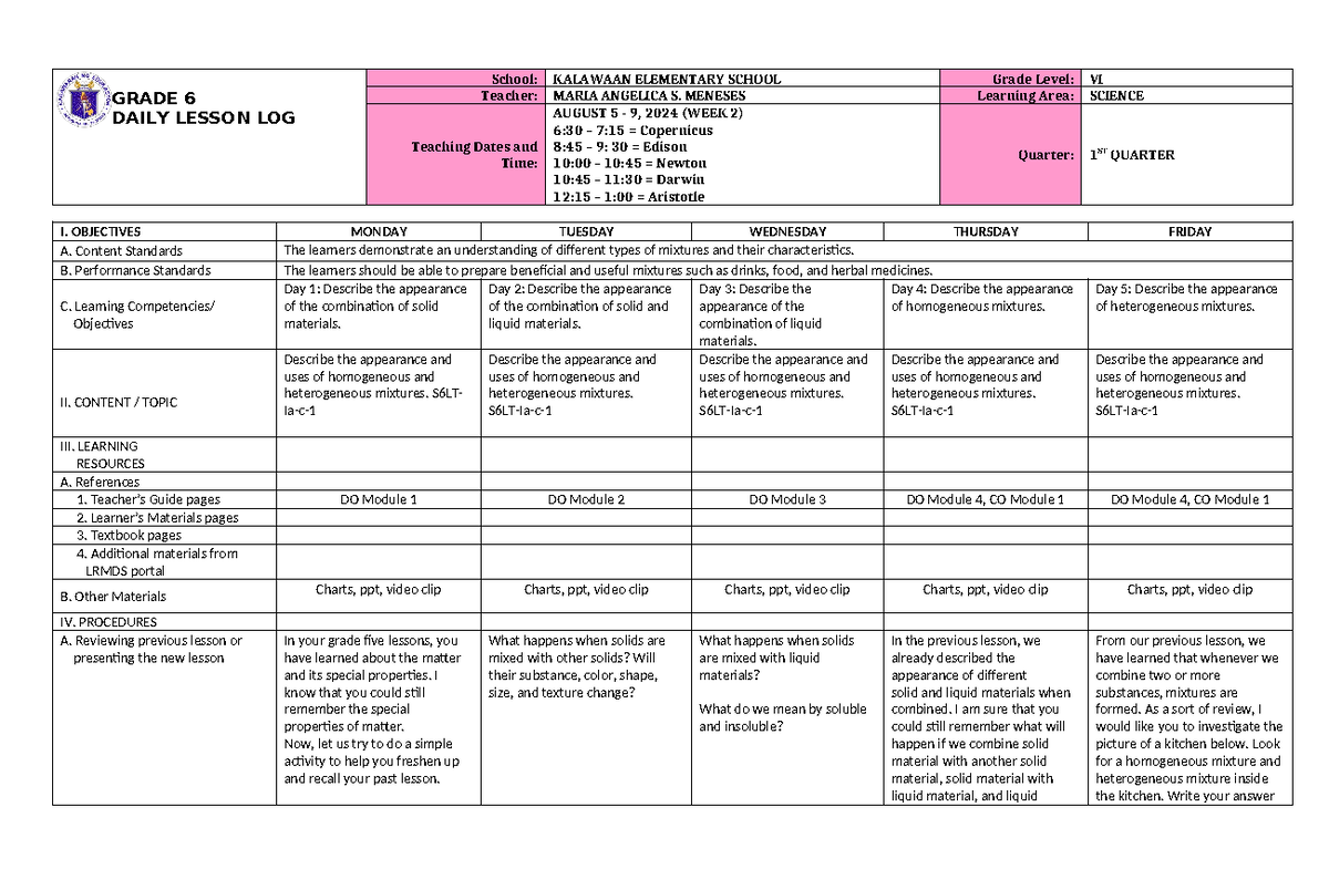 2 WLP- Science-6-Q1-Aug-5-9-2024-Week 2 - GRADE 6 DAILY LESSON LOG ...