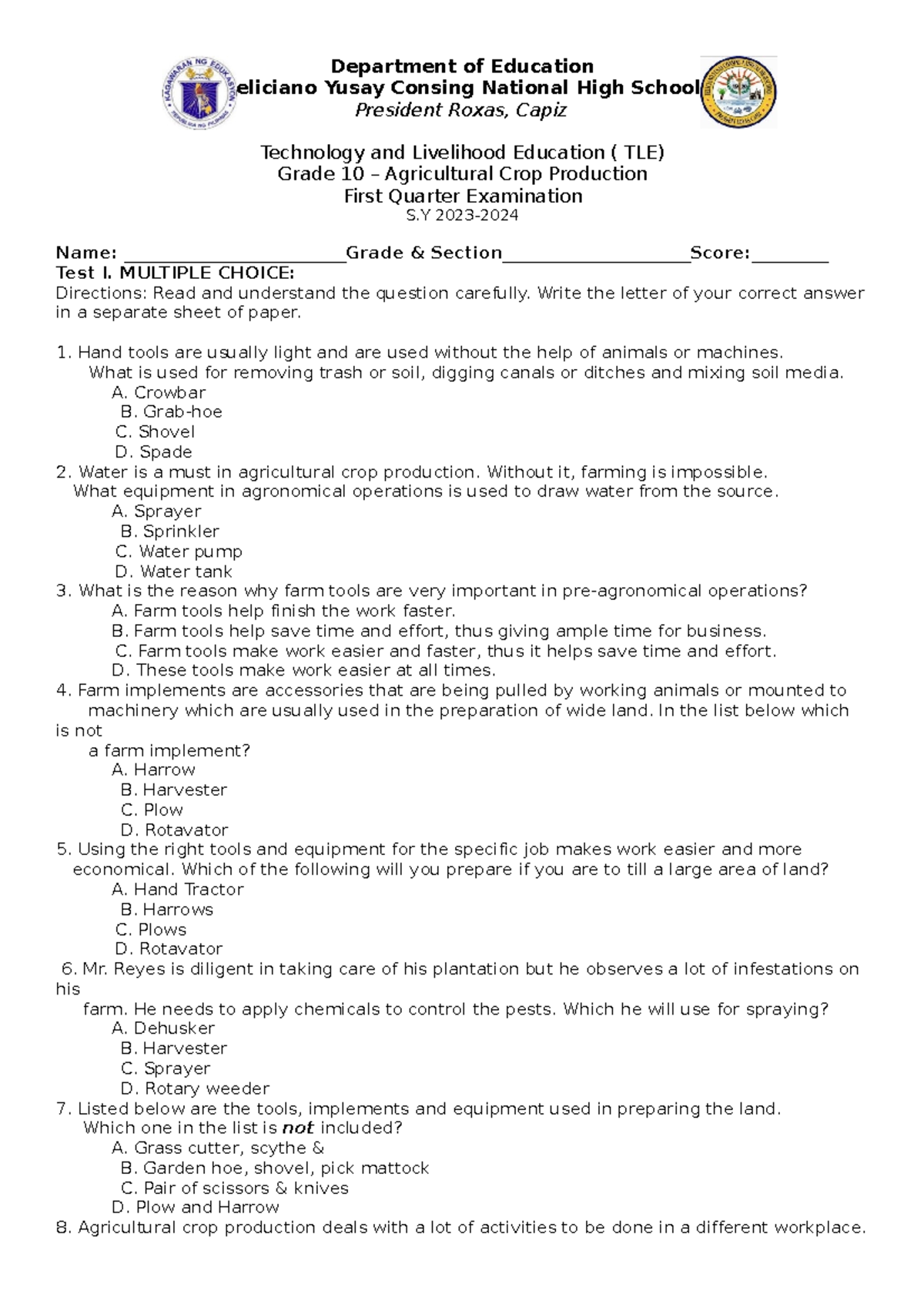 Grade 10 1st quarter exam Final - Department of Education Feliciano ...