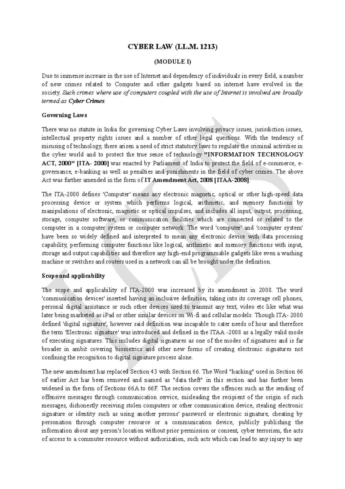 Cyber Law Notes - CYBER LAW (LL. 1213) (MODULE I) Due to immense ...