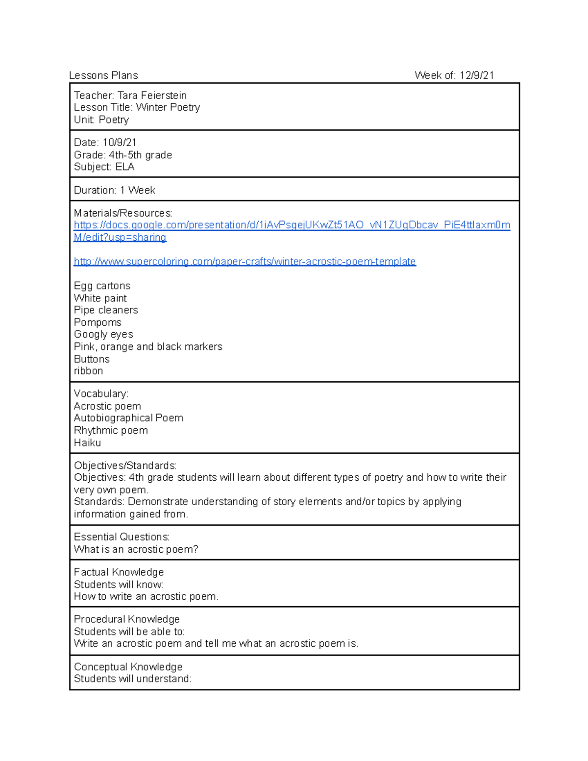 Ptssn lesson plan - Fun - Lessons Plans Week of: 12/9/ Teacher: Tara ...