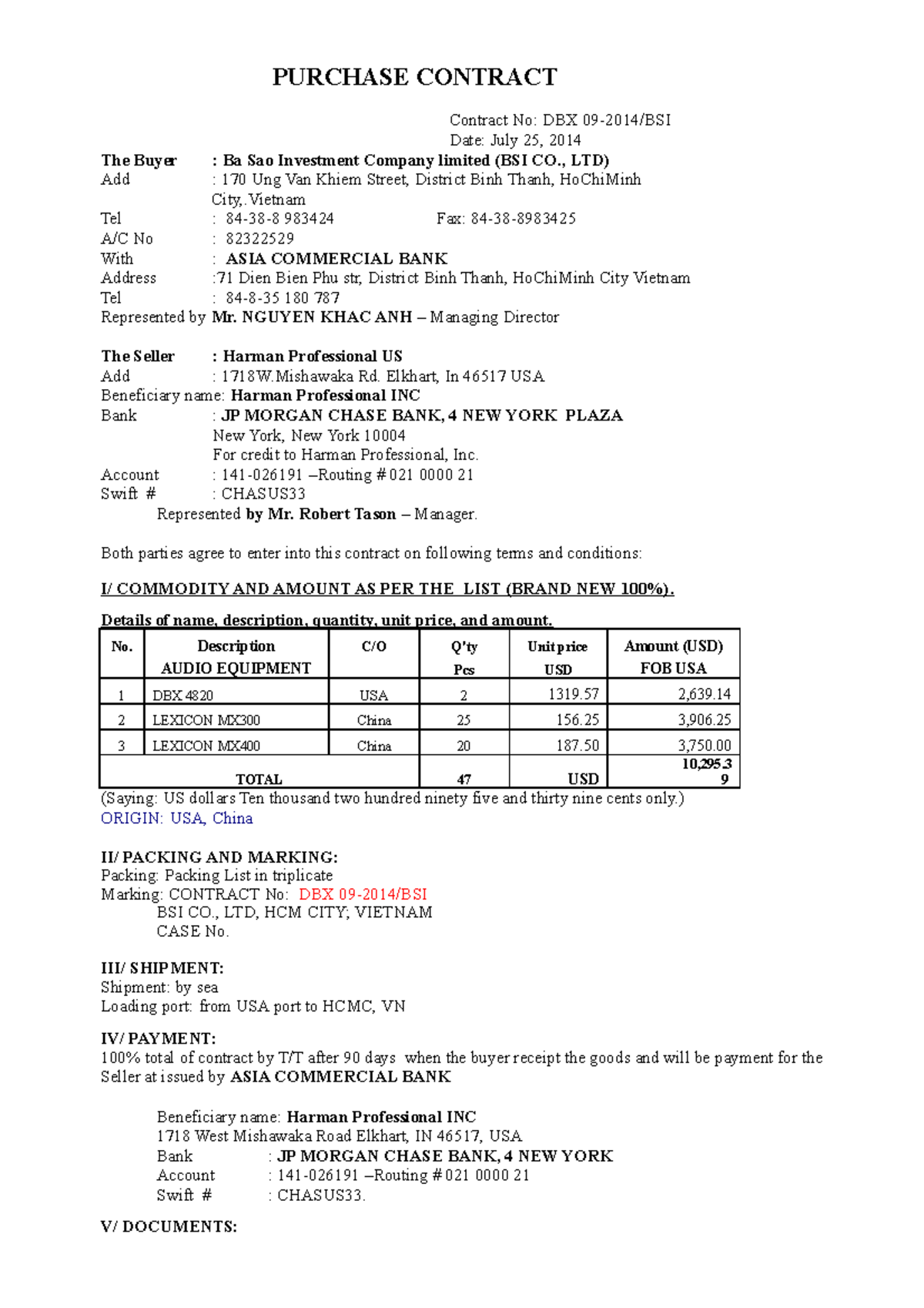 Phân tích hóa đơn - tốt - PURCHASE CONTRACT Contract No: DBX 09-2014 ...