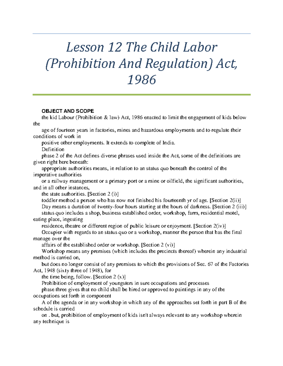 Lesson 12 The Child Labor - Lesson 12 The Child Labor (Prohibition And ...